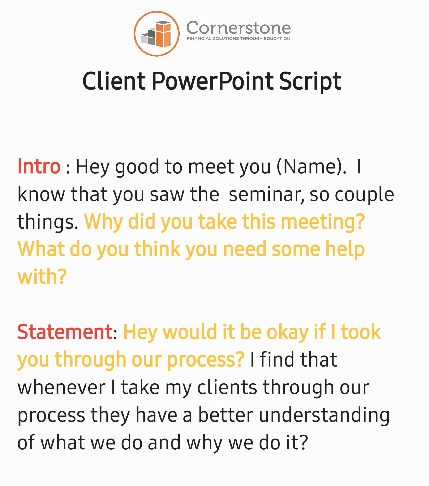 Client PowerPoint Script - Cornerstone Financial Associates